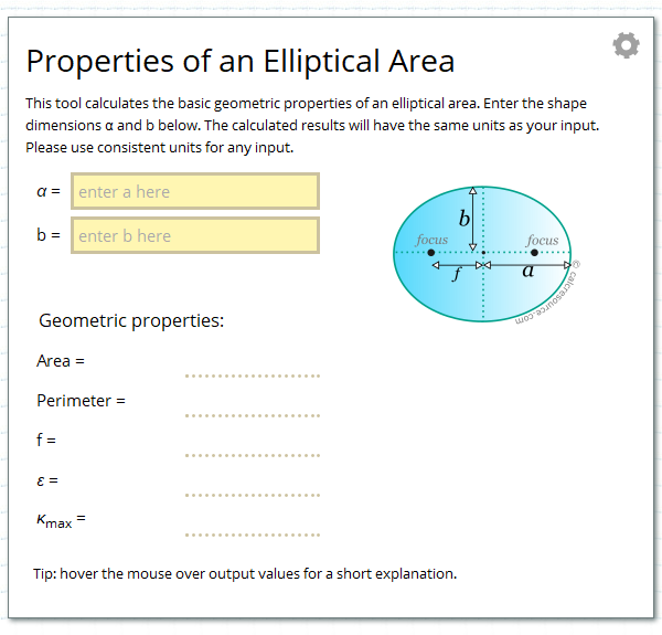 Geometric properties of elliptical area - calcresource