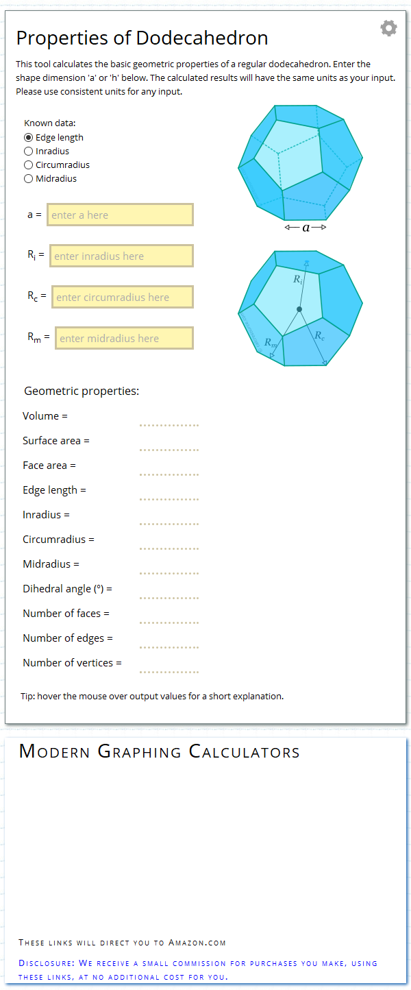Properties of regular dodecahedron - calculator - calcresource