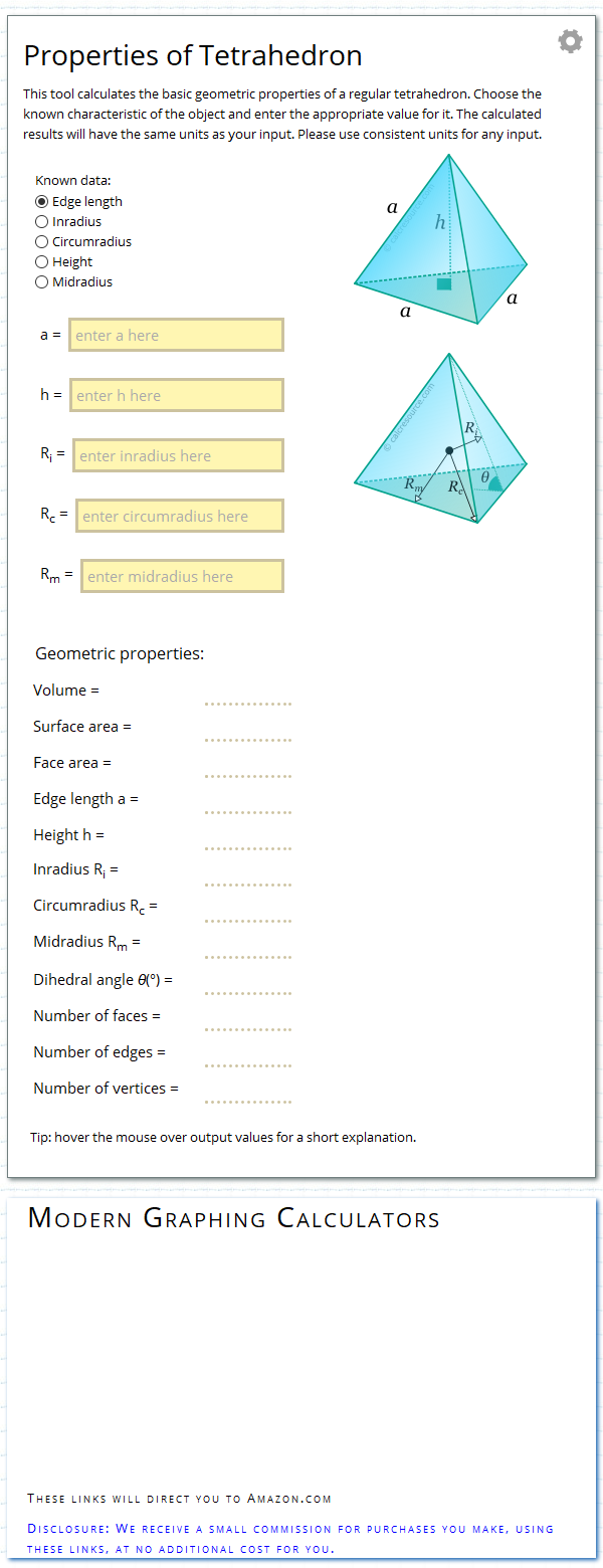 Properties of regular tetrahedron - calculator - calcresource